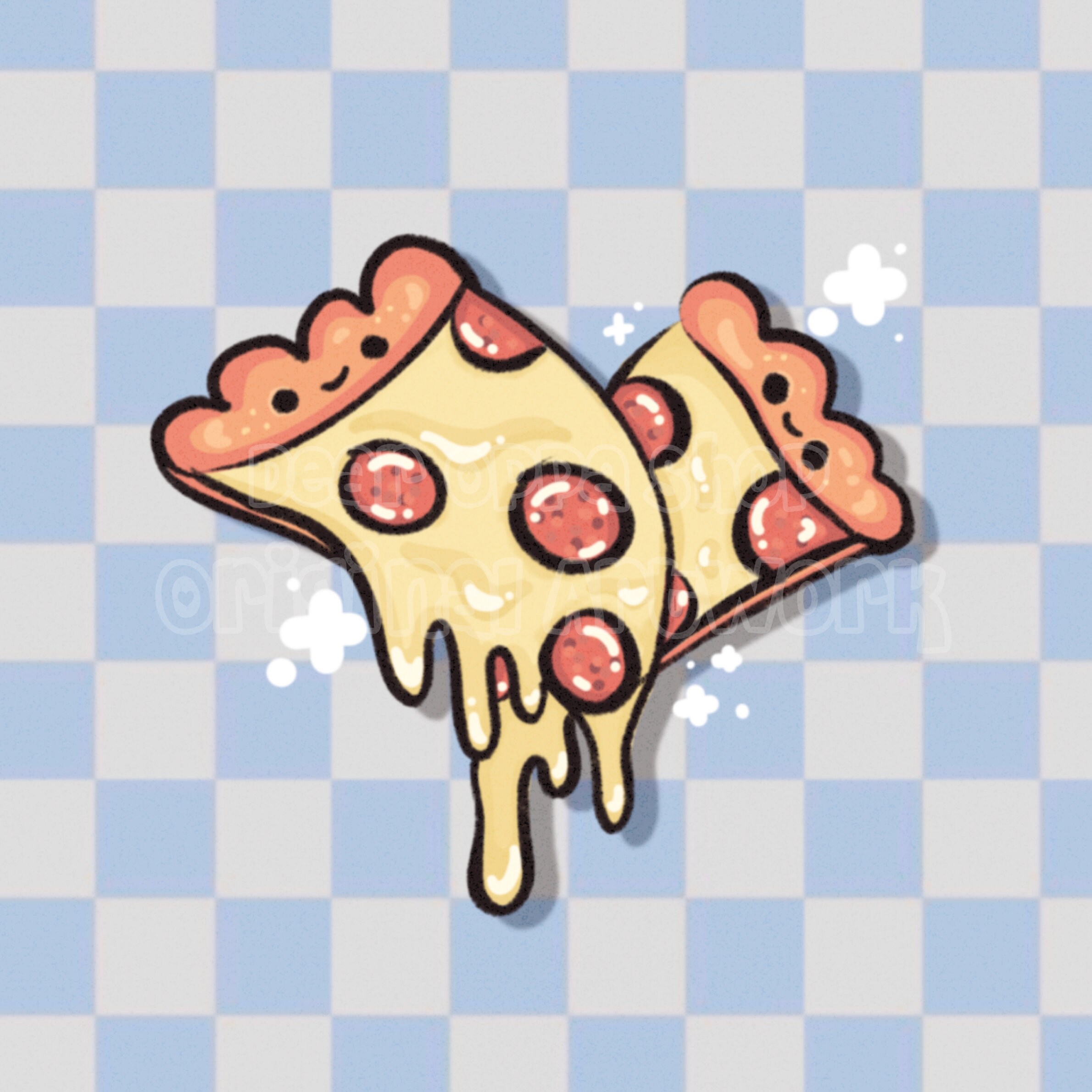 Kawaii Pizza, Blue Checkered Background, Kawaii Digital Wallpaper, Cute ...