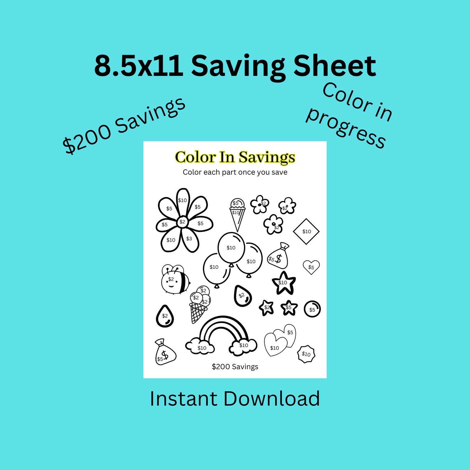 Saving Challenge Sheet | Color in Savings | 200 Dollar Savings Sheet ...
