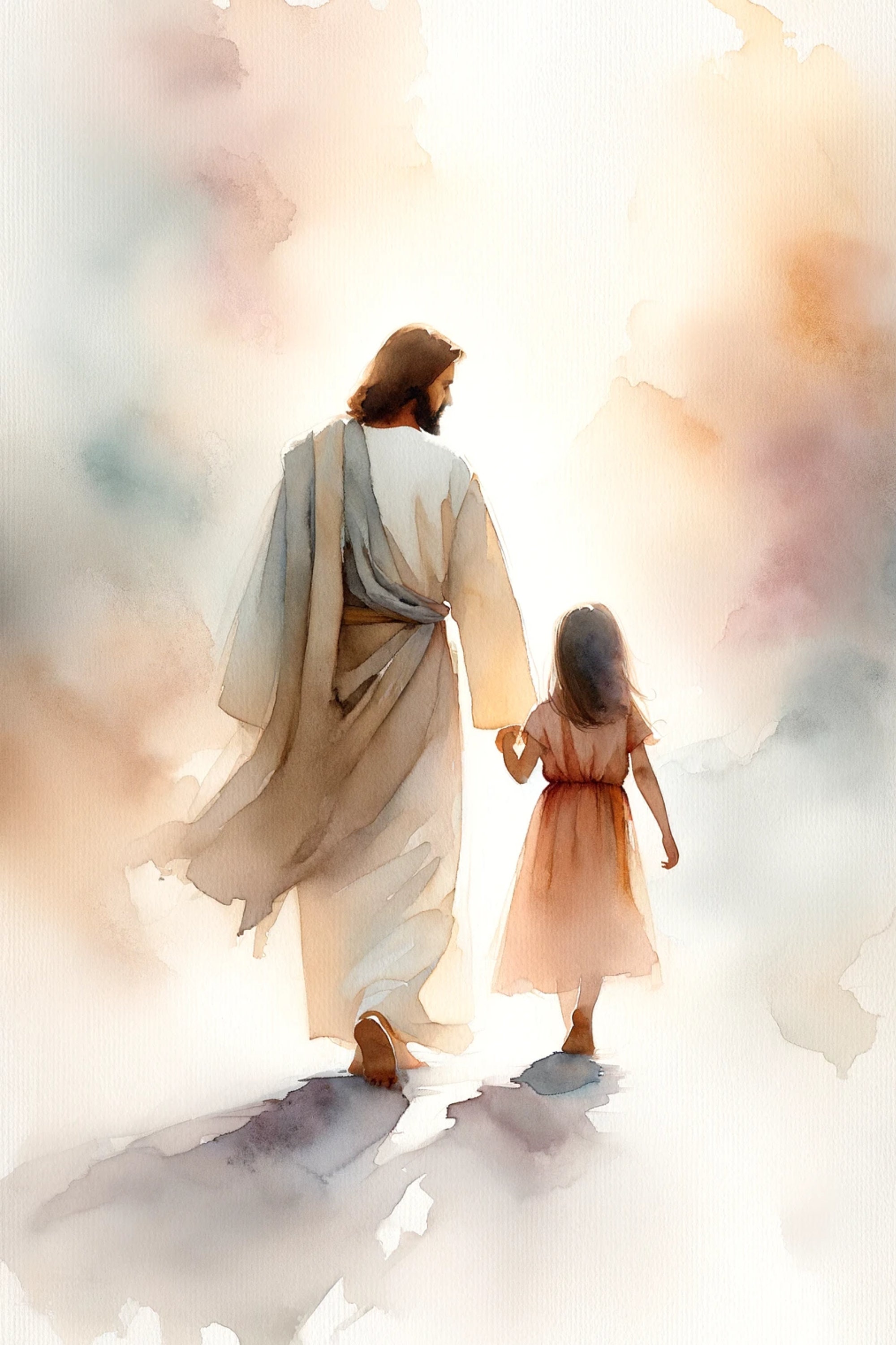 Watercolor Digital Print of Jesus Holding a Girl's Hand - 36"x24 ...
