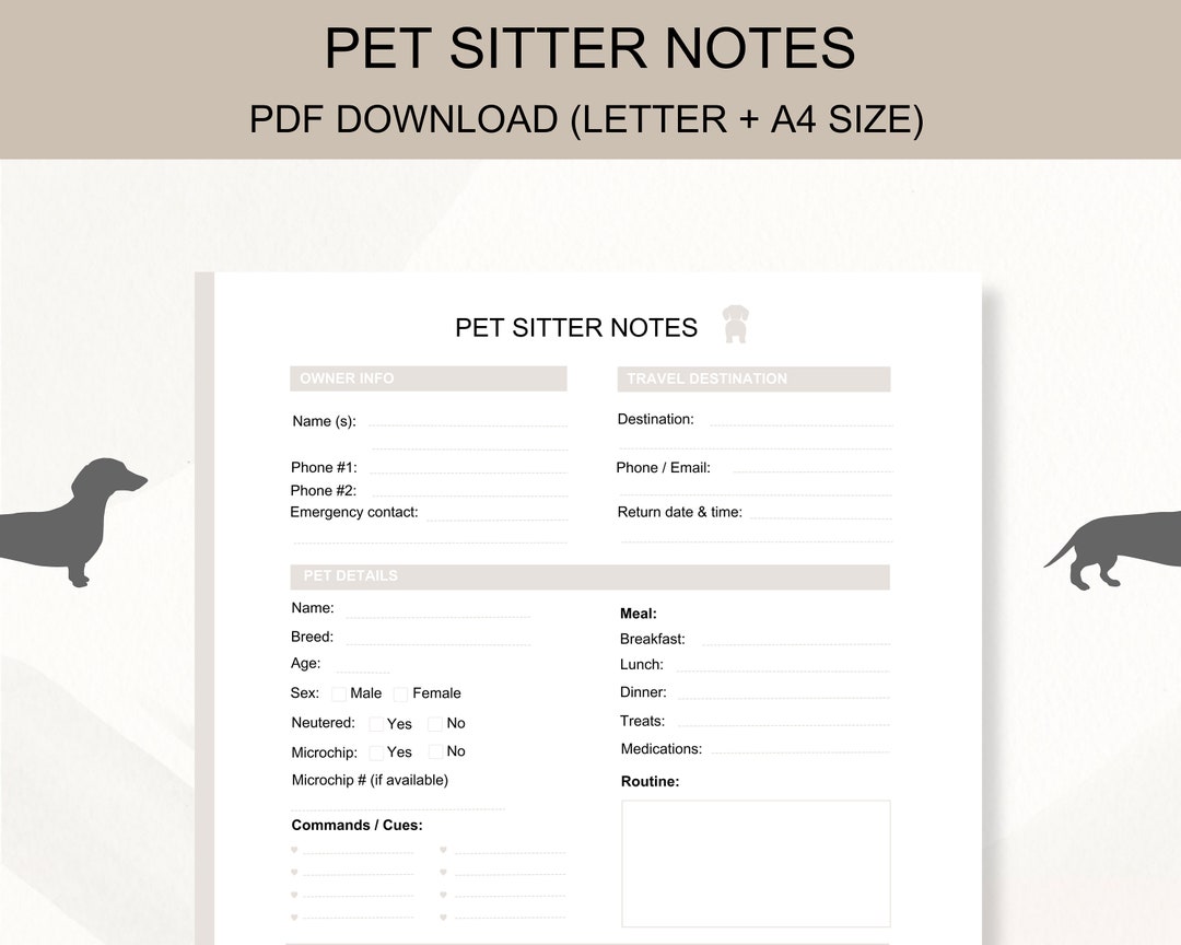 Pet Sitter Instructions Printable PDF Animal Sitting Notes Template ...