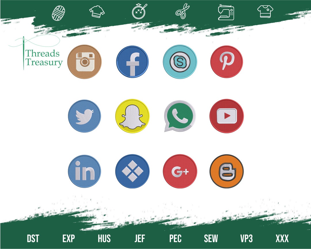 Social Media Icons Embroidery Bundle, Machine Embroidery Social Media ...