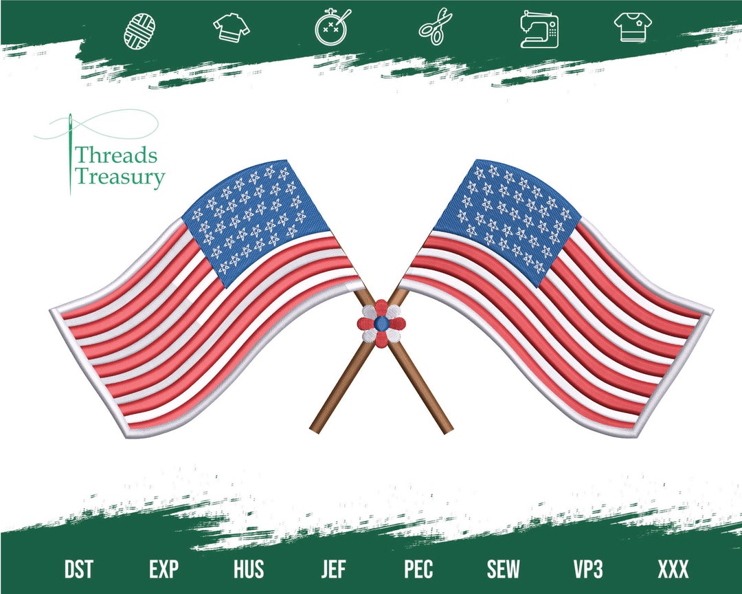 American Flag Embroidery Design, USA Flag With Floral Ribbon Machine ...