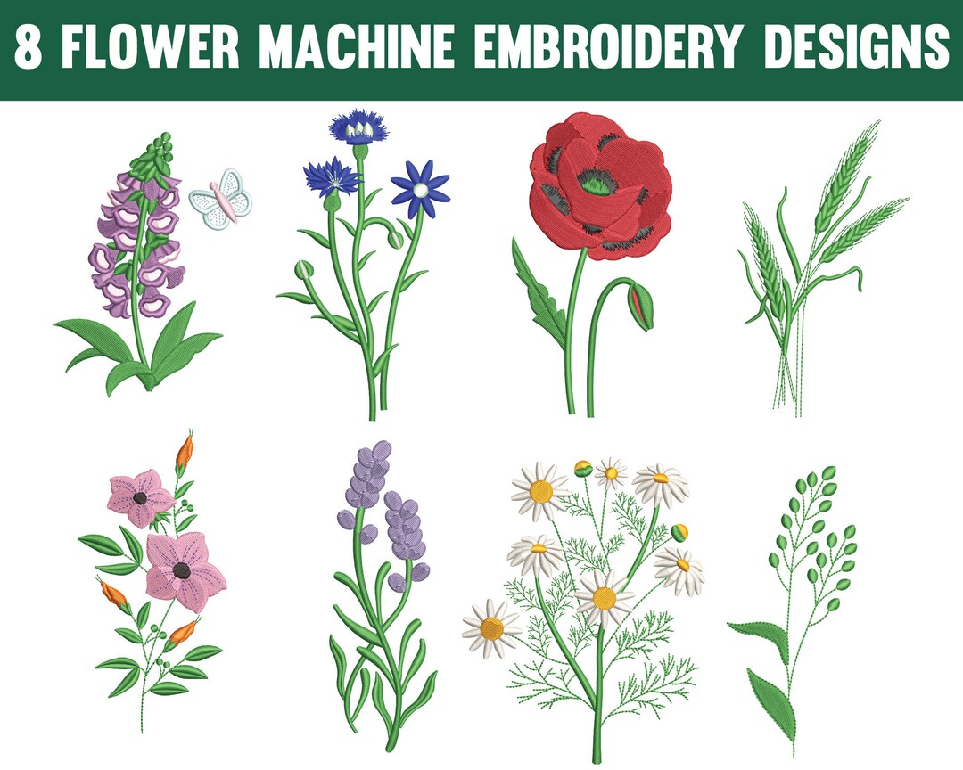 Flowers Embroidery Design, 8 Meadow Flowers Machine Embroider ...