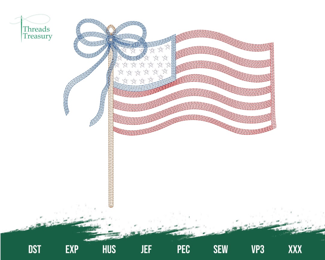 American Flag With Bow Design, American Flag Machine Embroidery, Fourth ...