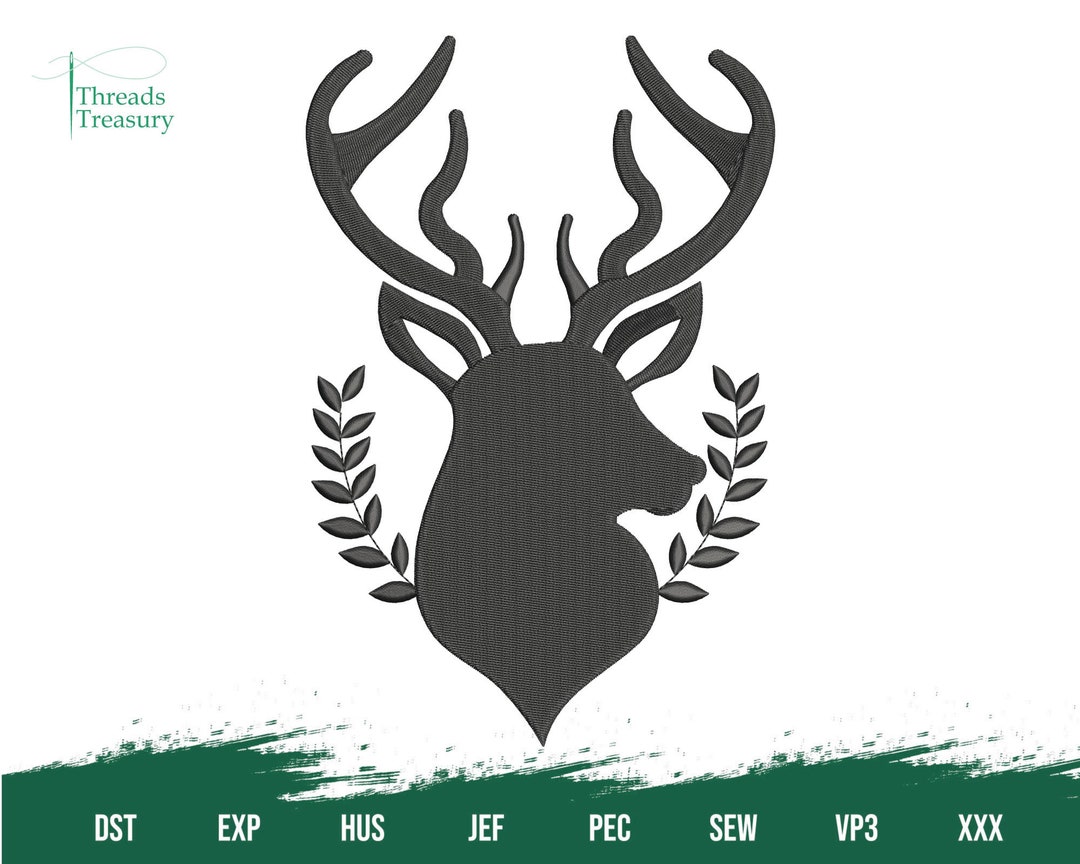 Embroidered Realistic Deer Head Design, Majestic Antlered Buck on Dark ...