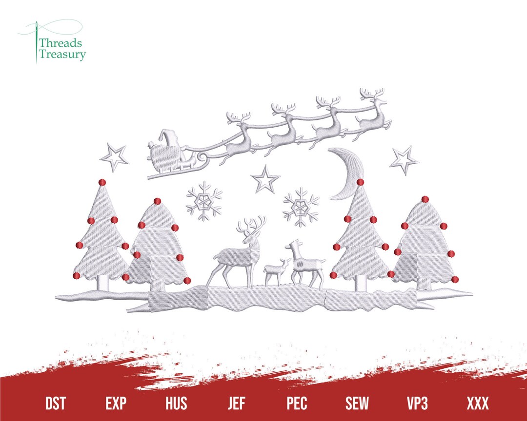Embroidered Christmas Scene Design, Santa Machine Embroidery, Reindeer ...