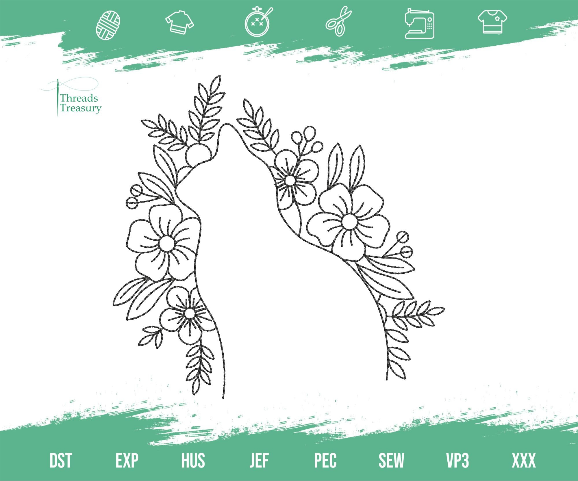 Cat Floral Machine Embroidery, Cat Outline Embroidery Design, Cat ...