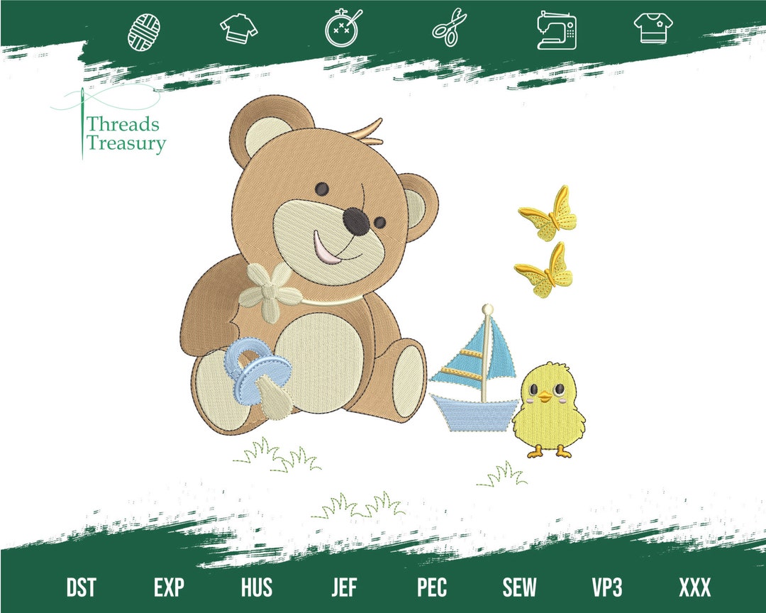 Cute Bear Machine Embroidery, Bear With Baby Chick Embroidery Design ...