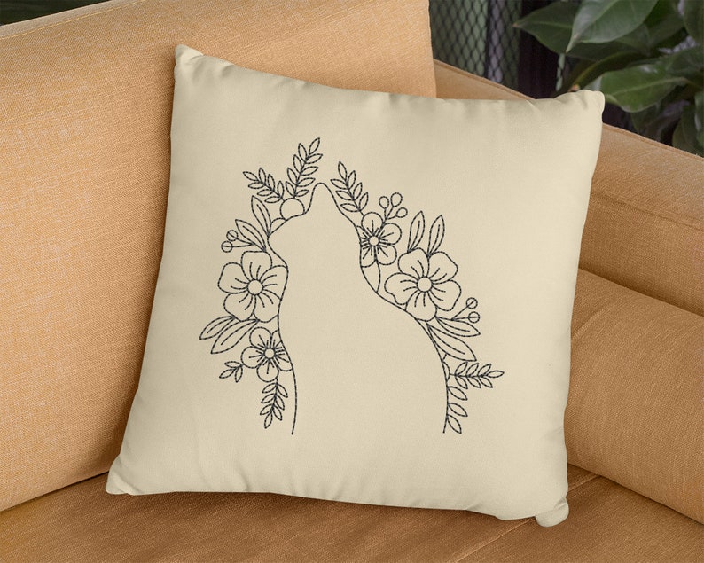 Cat Floral Machine Embroidery, Cat Outline Embroidery Design, Cat ...