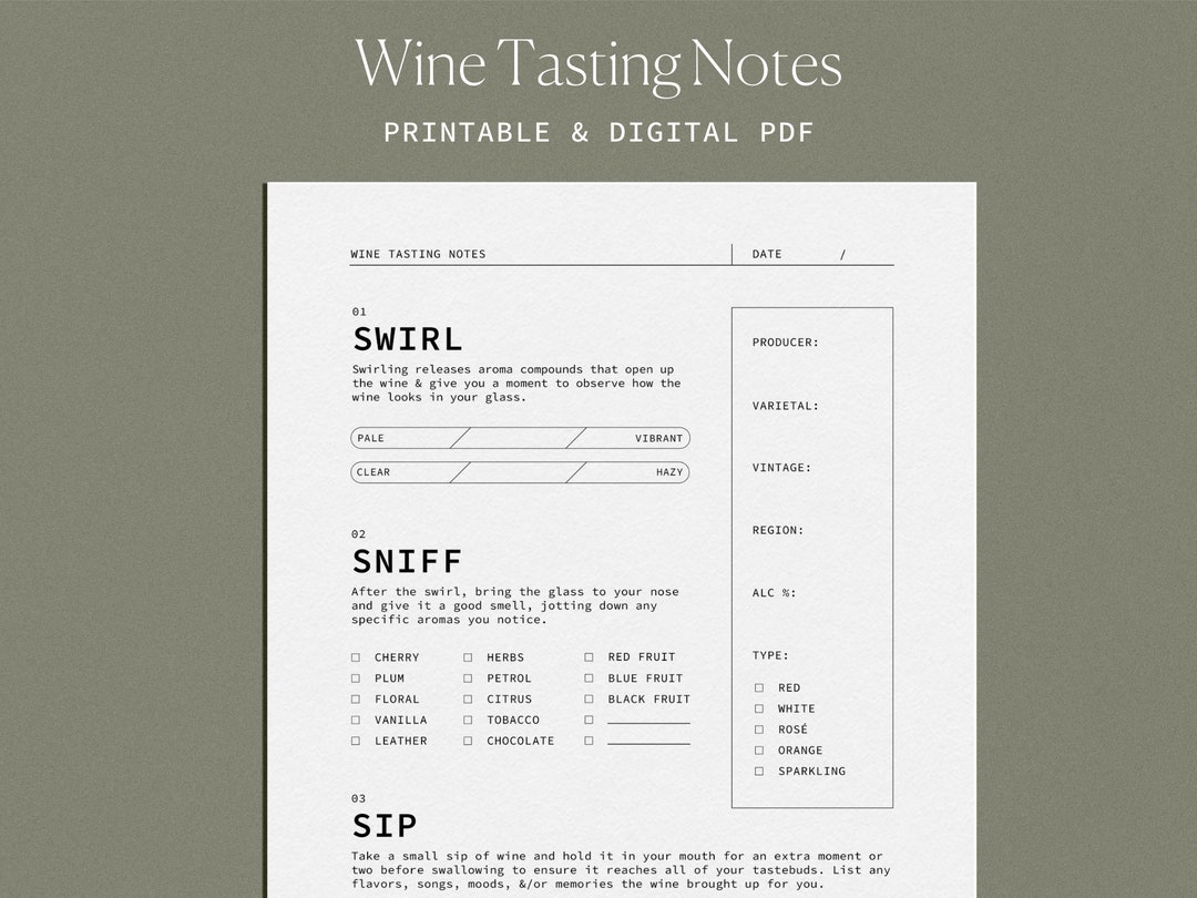 Wine Tasting Notes Printable, Minimalist Wine Tasting Log, Printable ...