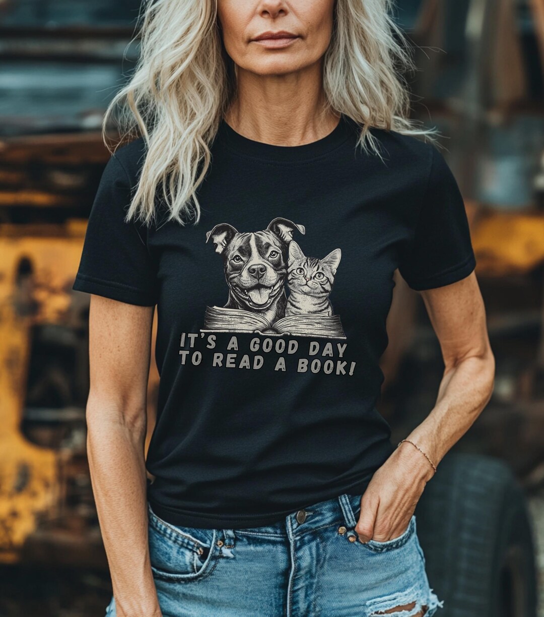 Reading Bookworm Pitbull & Cat Storytime Unisex Jersey Tee, Cute Book ...