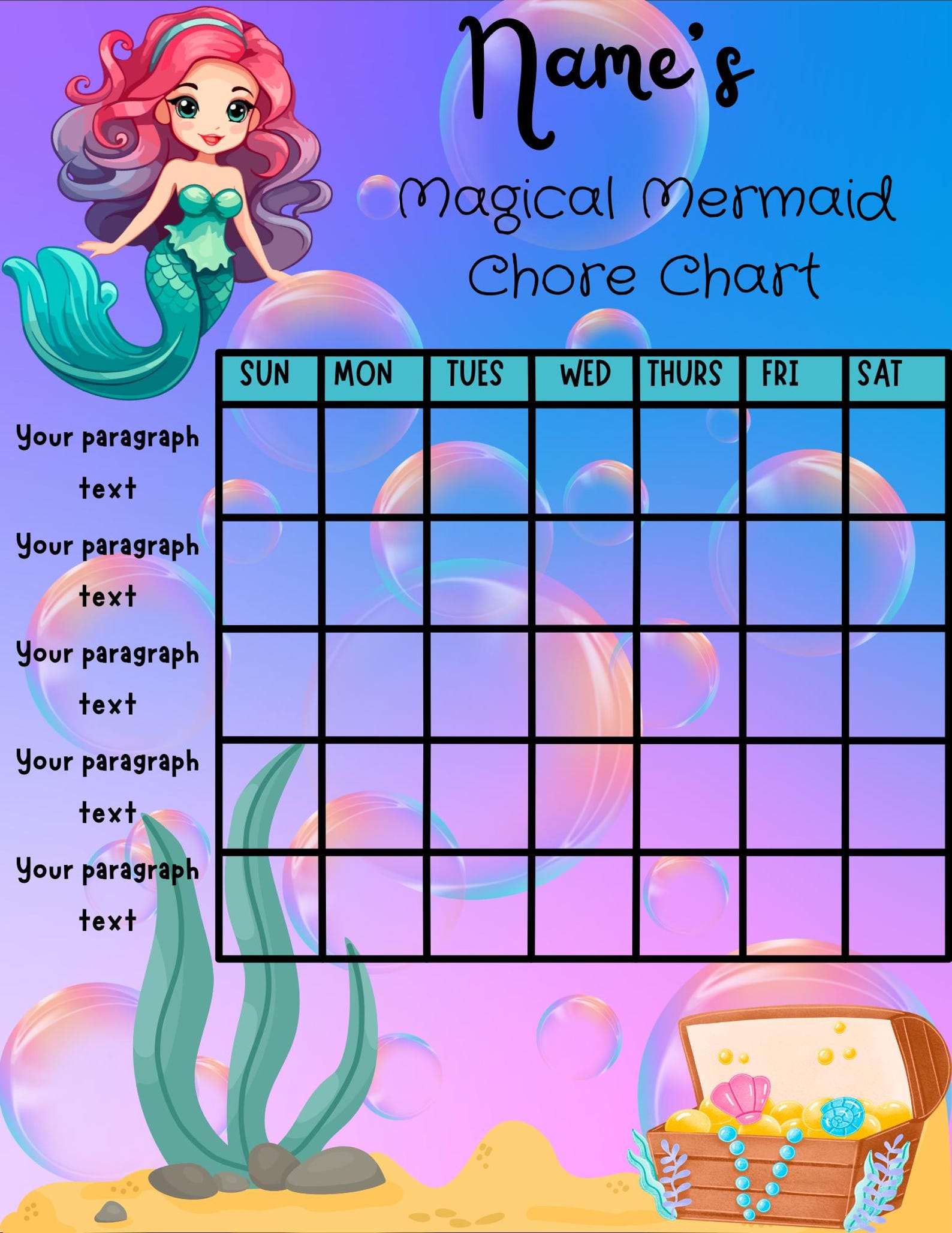 Mermaid Chore Chart – Custom Printable Chart for Kids – Instant ...