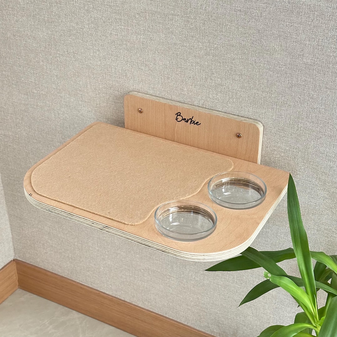 Customized Wooden Cat Feeder Shelf - Wall Mounted Cat Feeding Platform ...