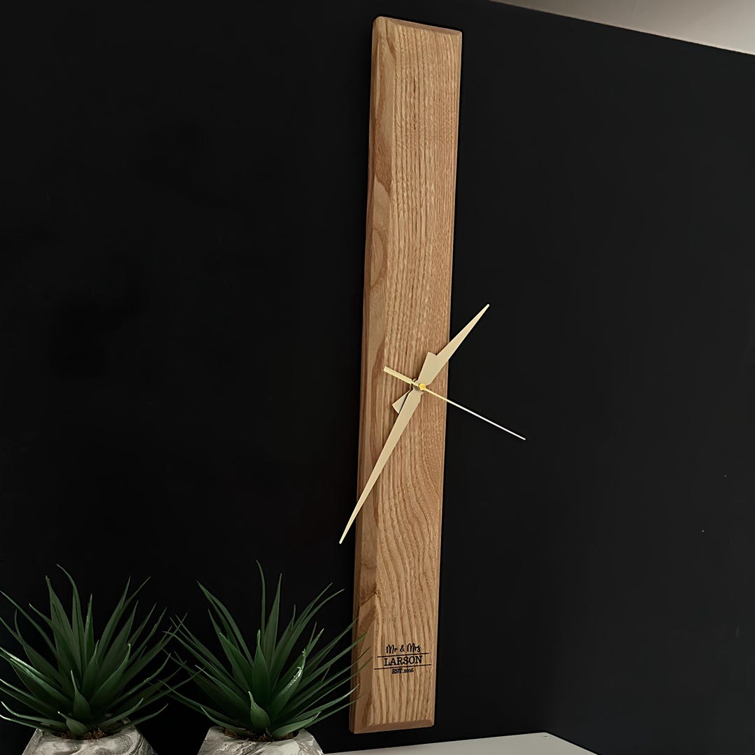 Personalized Chestnut Wood Modern Wall Clock - Minimalist Rectangle ...