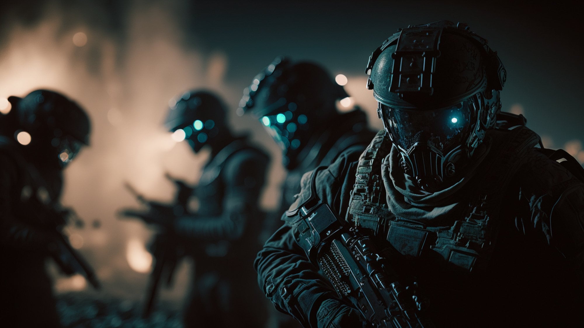 Futuristic Space Soldiers in High-tech Armor, Night Patrol on a Desert ...