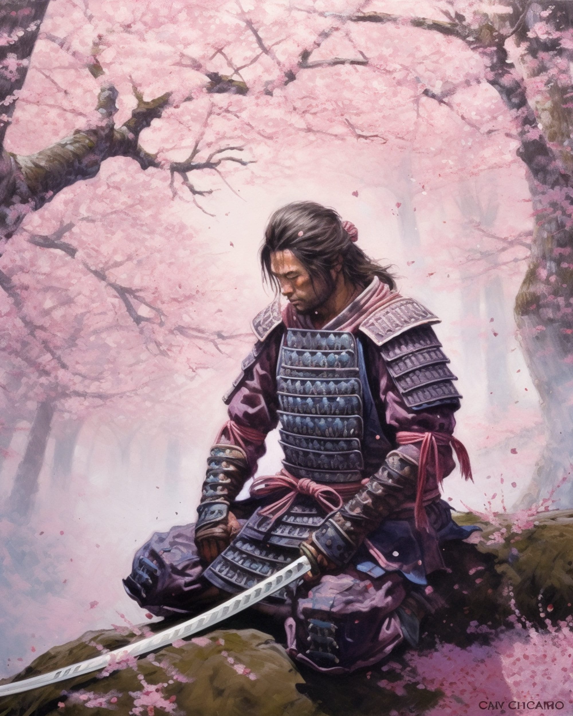 Samurai In Contemplation Japanese Warrior Cherry Blossom Trees Ai Art Image Ink Drawn
