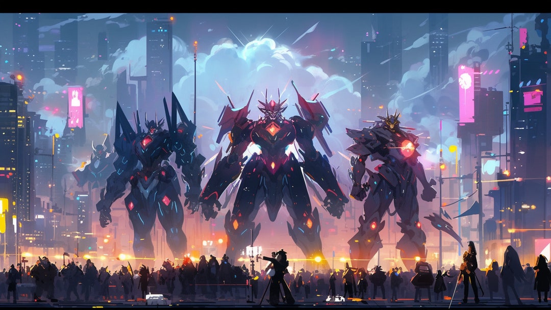 Mechs on Guard | Futuristic AI Art Image | Neon-lit Giant Robots ...