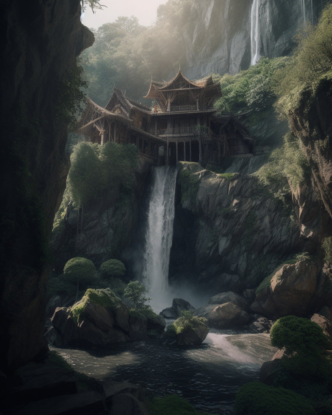 Elven Respite | Fantasy Cliffside Dwelling | Waterfall Sanctuary ...