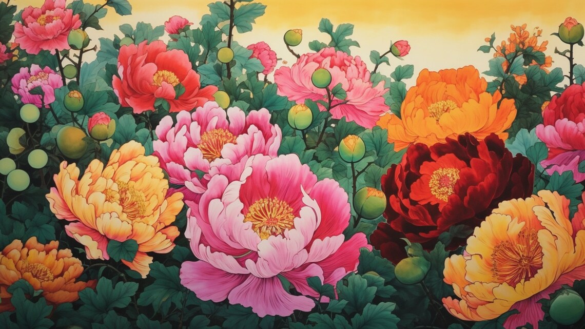 Minhwa Peony Garden | AI Art Image | Minhwa Painting | Peony Garden ...