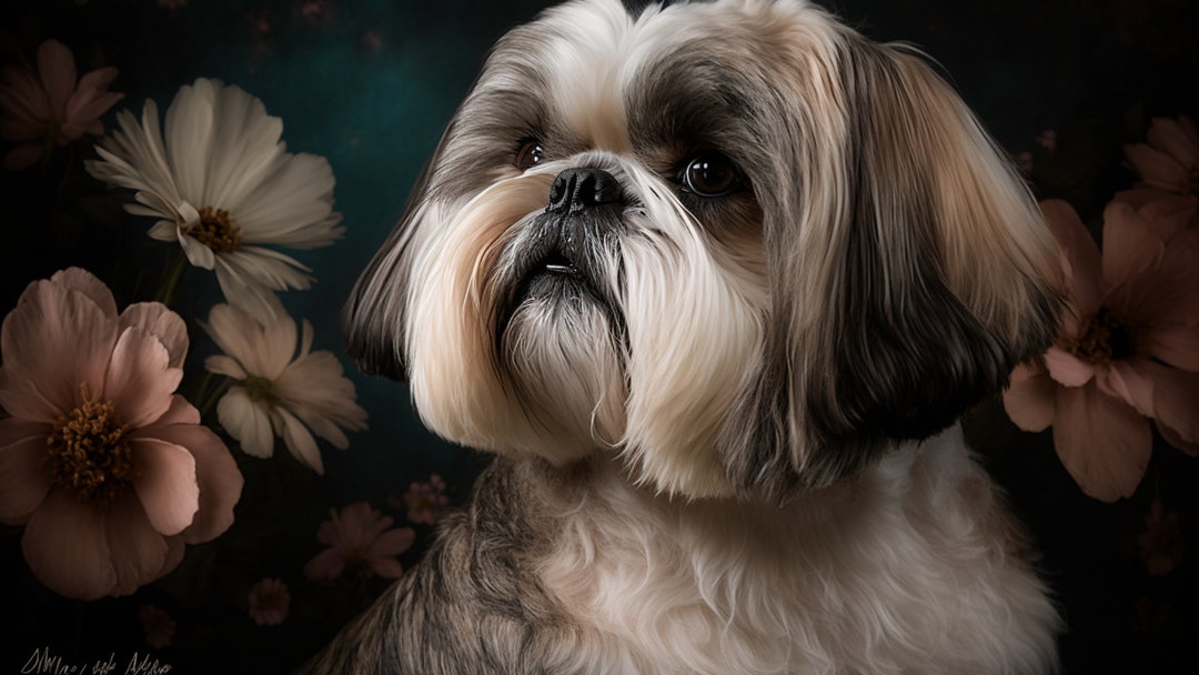 Regal Shih Tzu Portrait | AI Generated Dog Art | Floral Backdrop ...