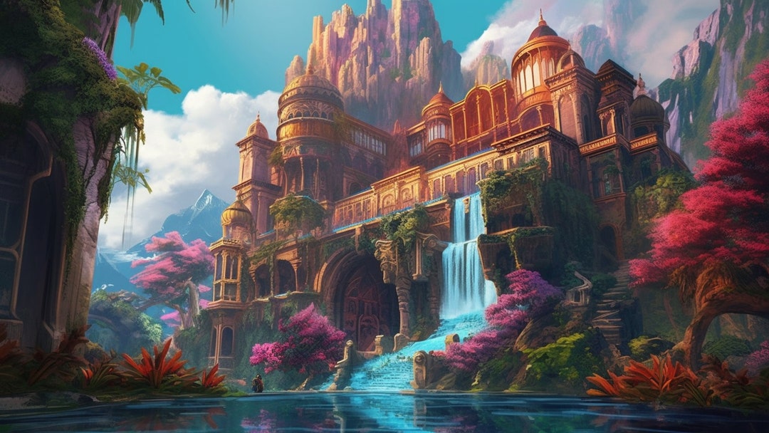 Grand Castle | AI Art | Fantasy Castle | Waterfall and Tropical Plants | River and Mountain ...