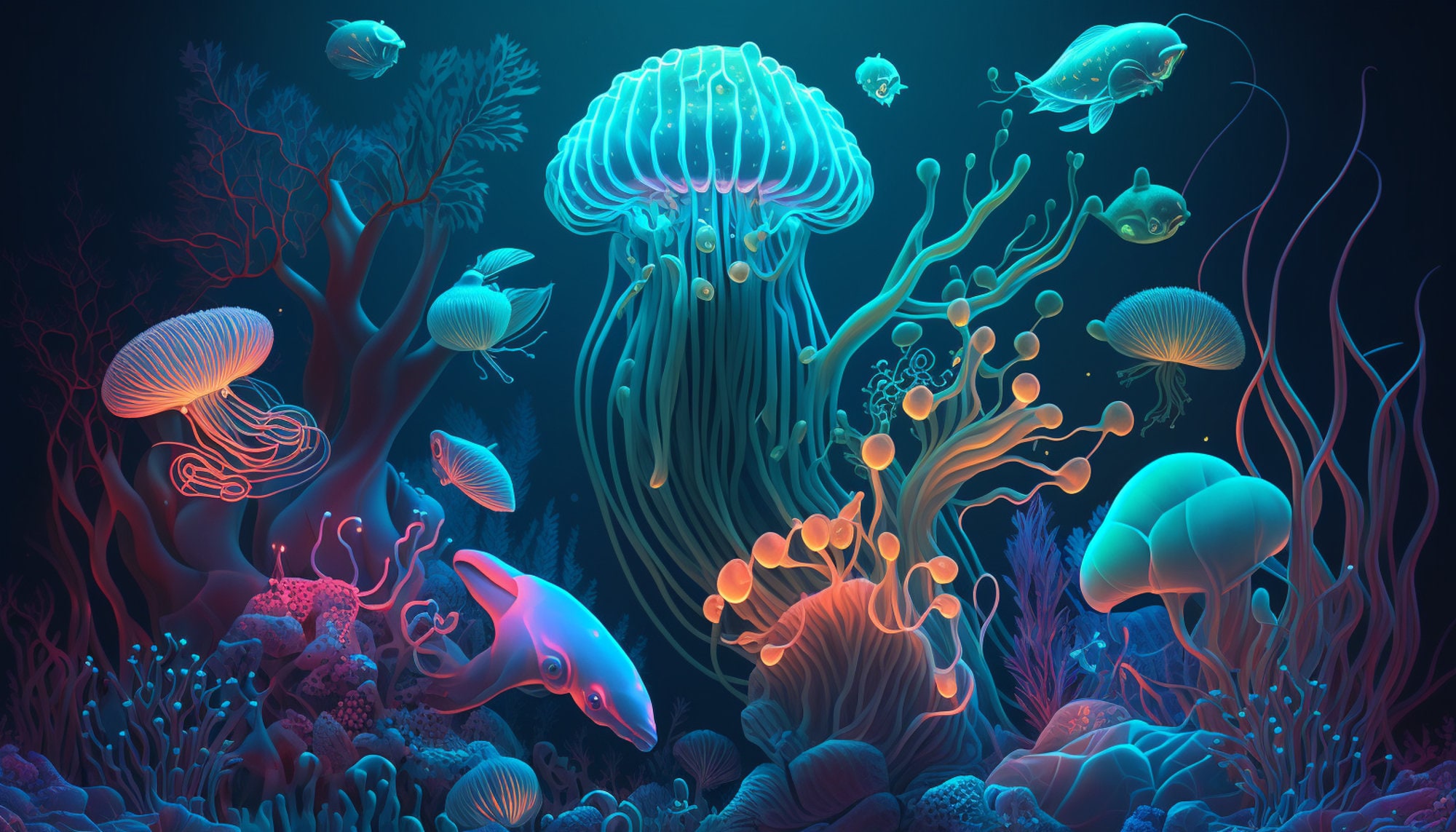 Coral Reef Jellyfish Psychedelic Digital Art Print - Vibrant Underwater ...