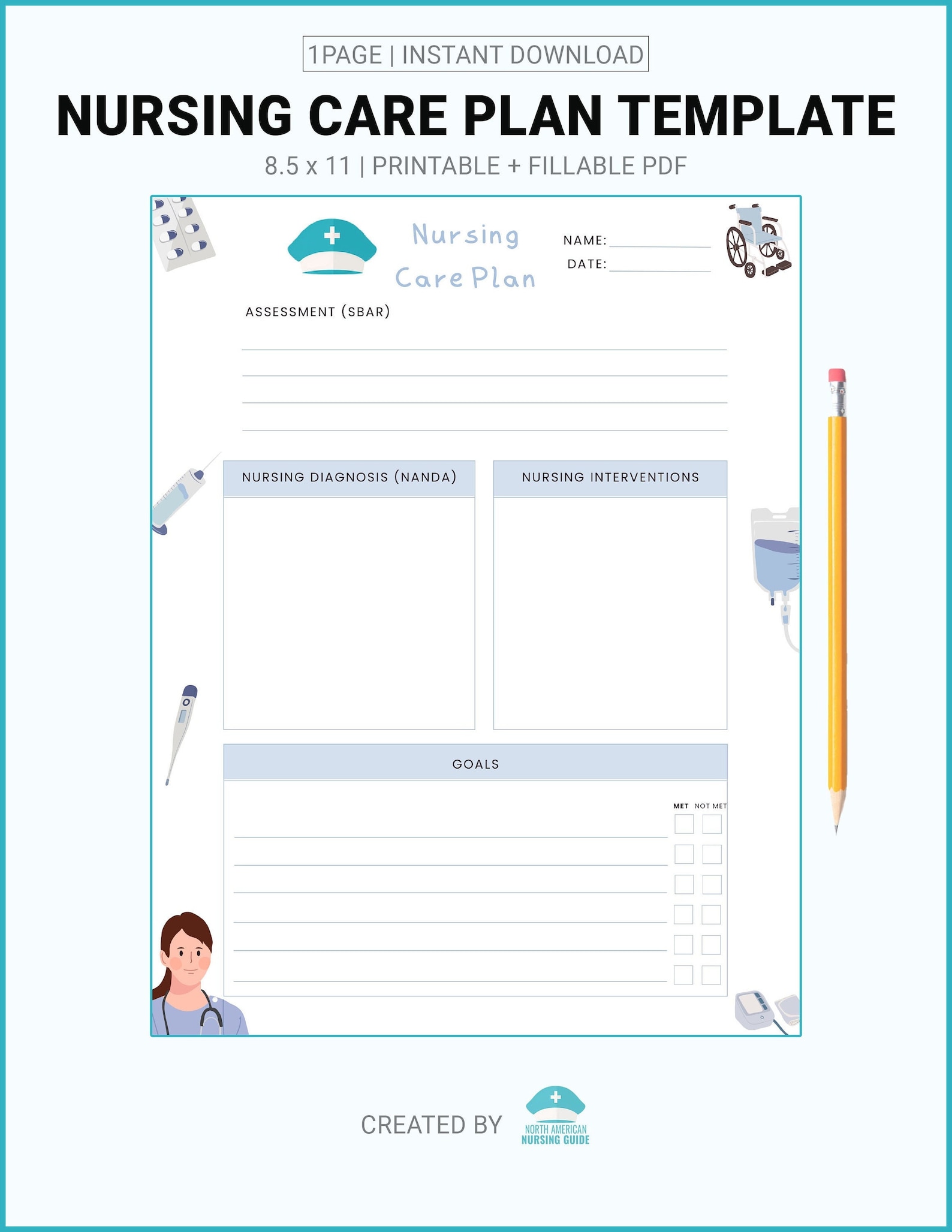 Nursing Care Plan Printable Template, Fillable PDF Page, for Canadian ...