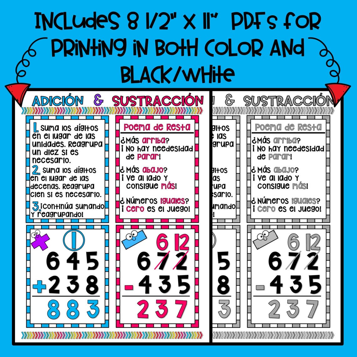 Spanish Addition and Subtraction Anchor Chart | 3rd Grade - Etsy