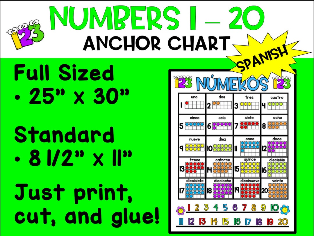 Spanish Numbers 1 - 20 Anchor Chart | Kindergarten - Etsy