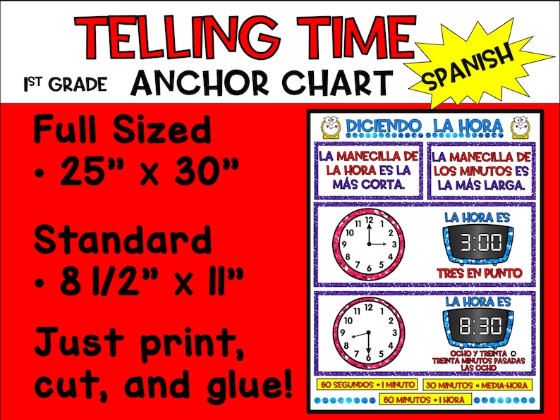 Spanish Telling Time Anchor Chart | First Grade - Etsy Australia
