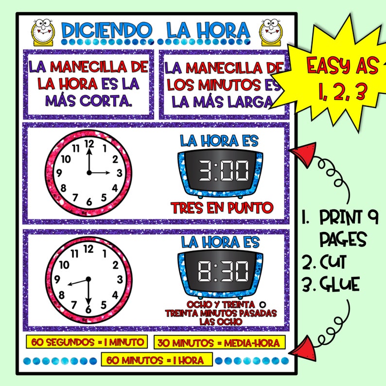 Spanish Telling Time Anchor Chart | First Grade - Etsy Australia