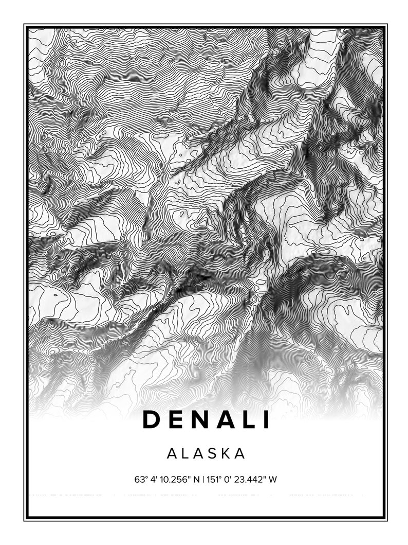 Denali Peak Alaska Topographic Map Denali Mountain Range Wall Art Map ...