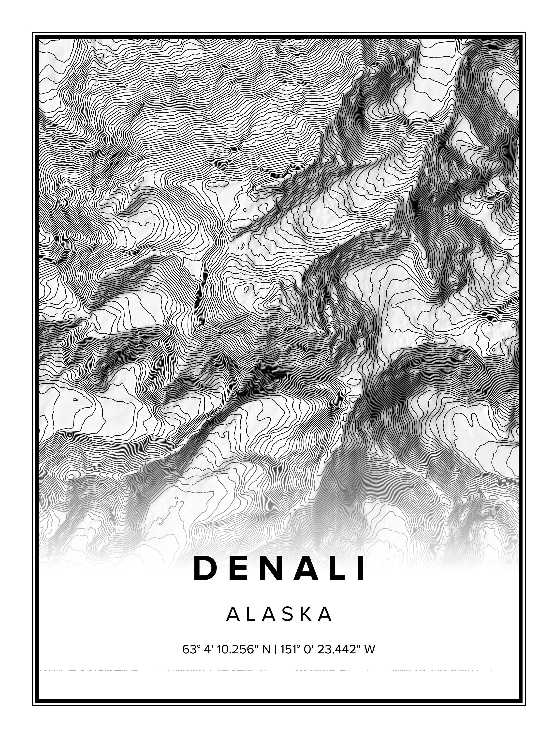 Denali Peak Alaska Topographic Map Denali Mountain Range Wall Art Map ...