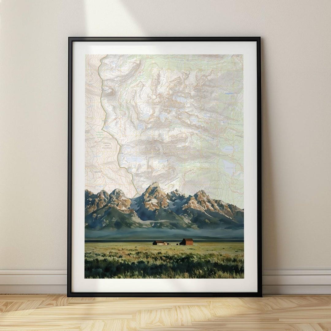 Grand Tetons Watercolor Illustration With Topographic Map, National ...