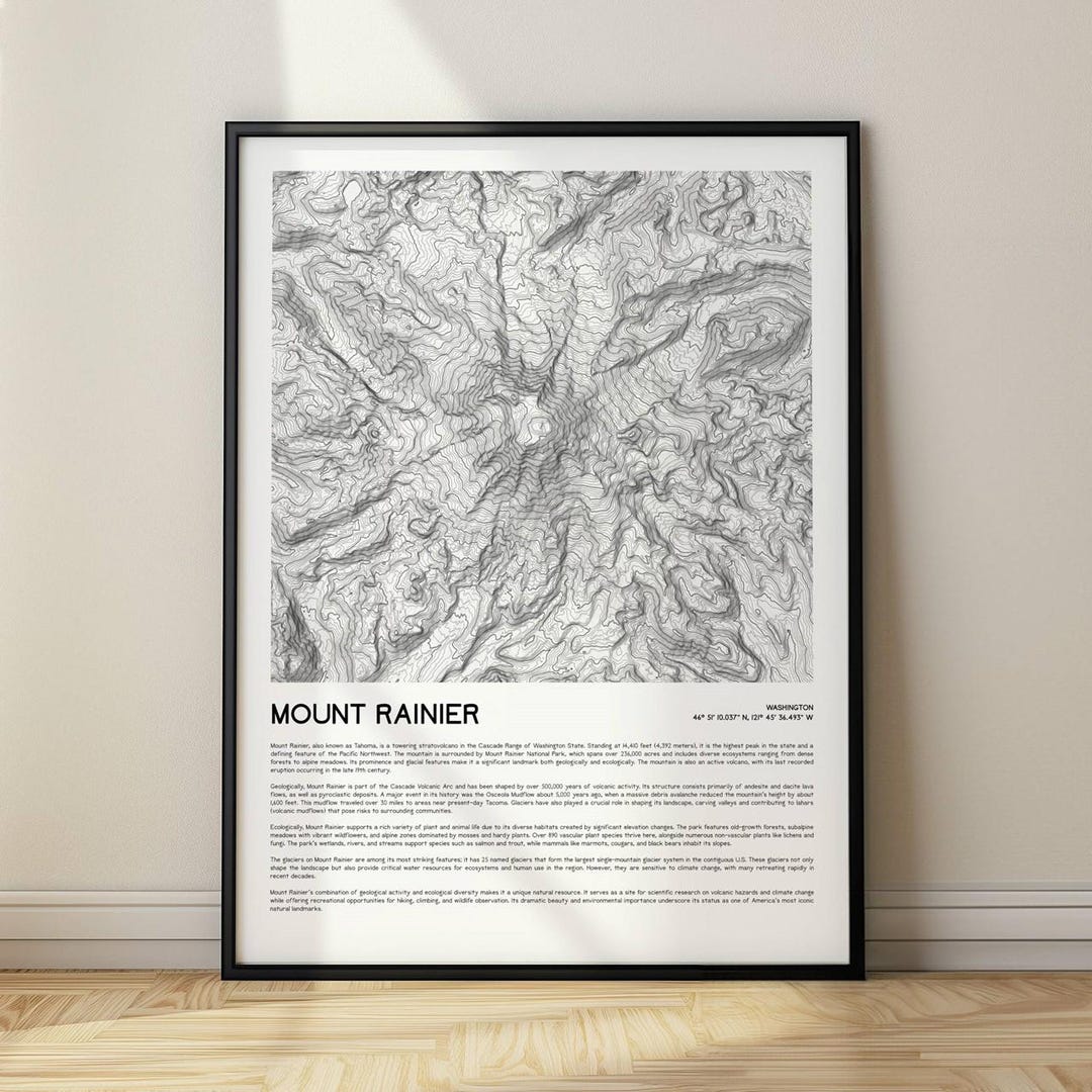 Mount Rainier Topographic Map Contour Art With Text, Detailed Geology ...