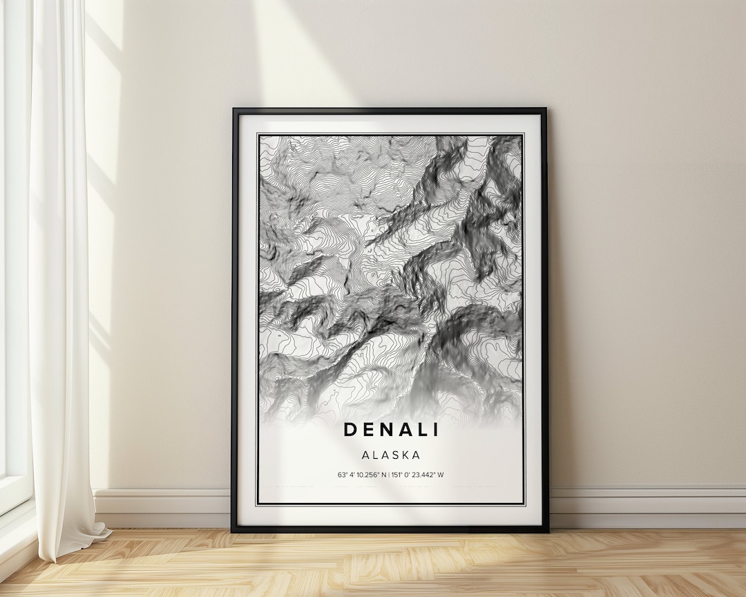Denali Peak Alaska Topographic Map Denali Mountain Range Wall Art Map ...