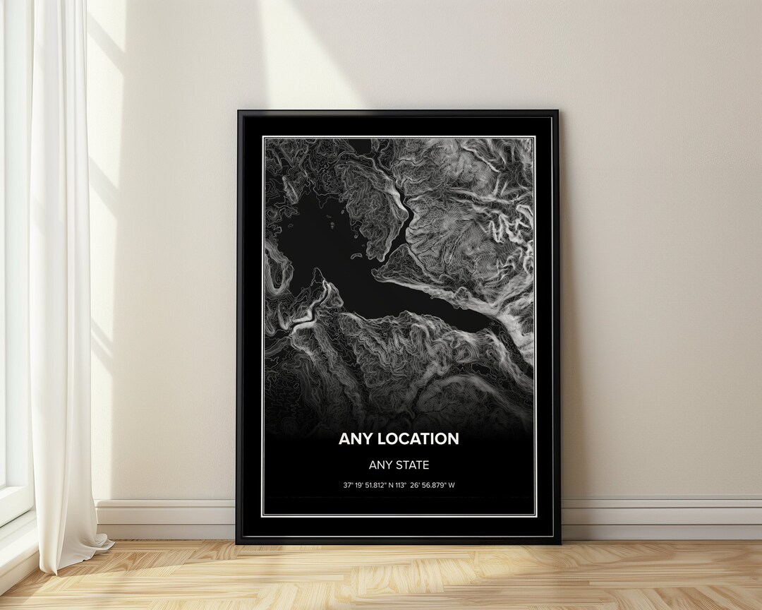 Custom Topographic Map in Black of Anywhere in the World, Wall Art ...