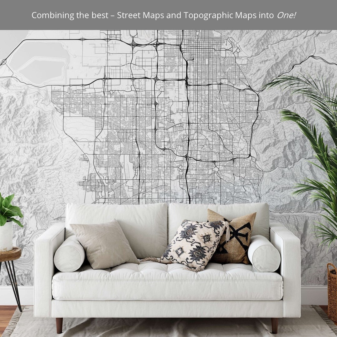 City Street and Topographic Wall Mural Maps Peel and Stick Wallpaper ...