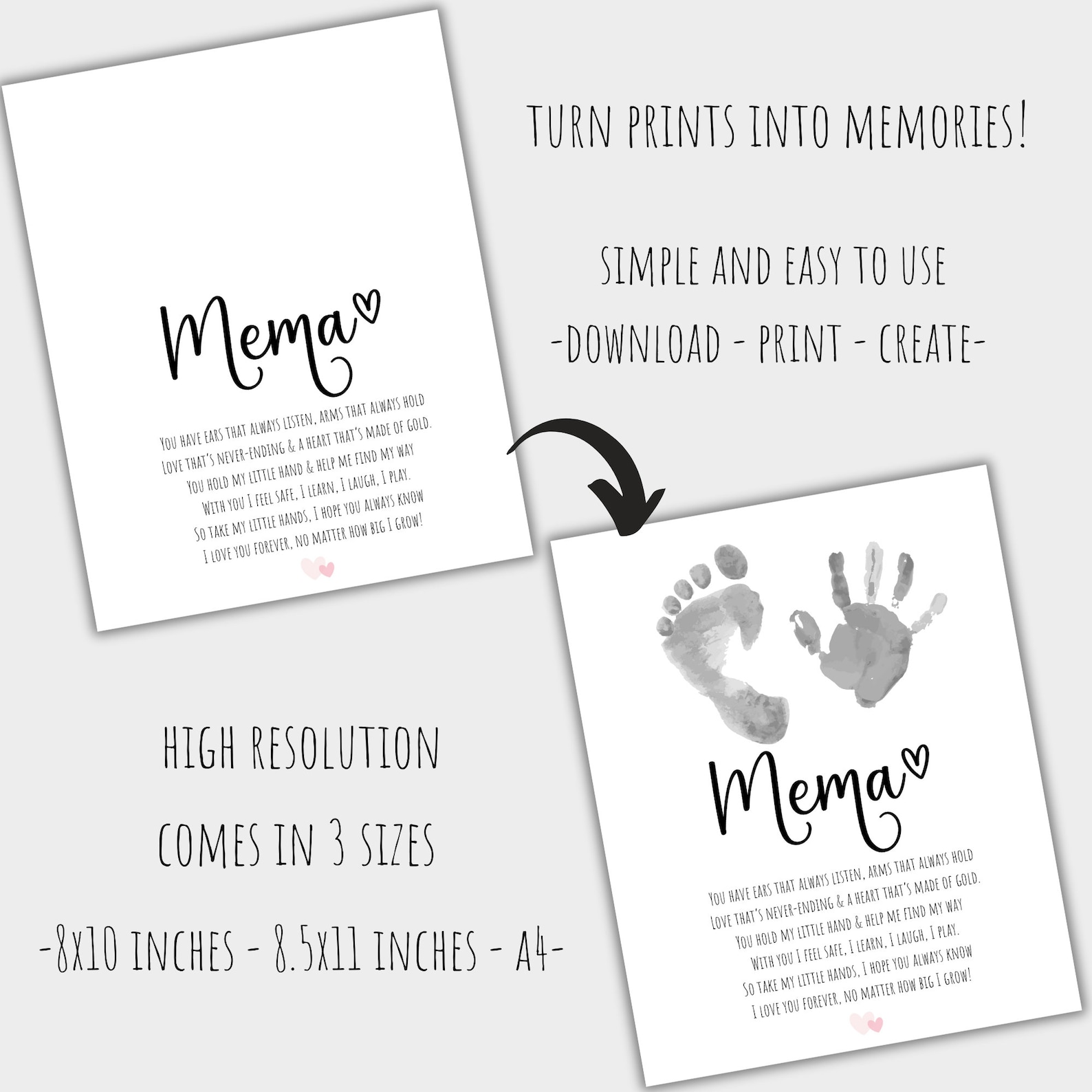 Mema Handprint Poem, Mother's Day Handprint Art, Valentines Handprint ...