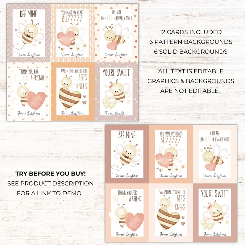 Classmate Valentines, Bee Mine Editable Kids Valentines Cards ...