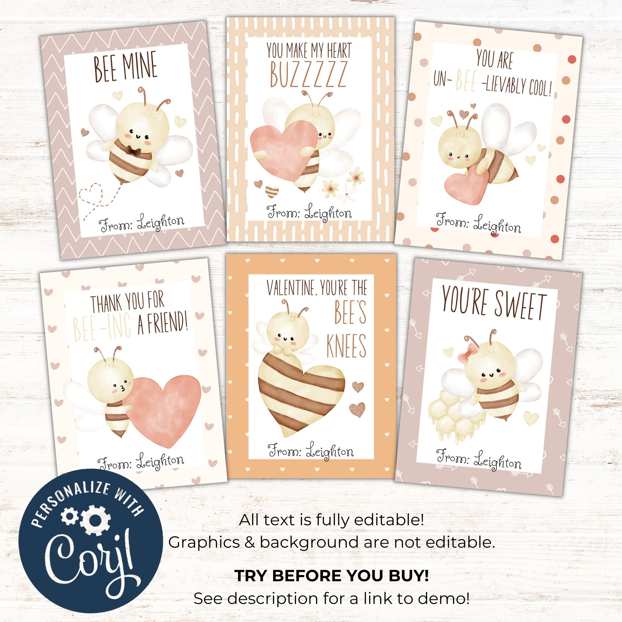 Classmate Valentines, Bee Mine Editable Kids Valentines Cards ...