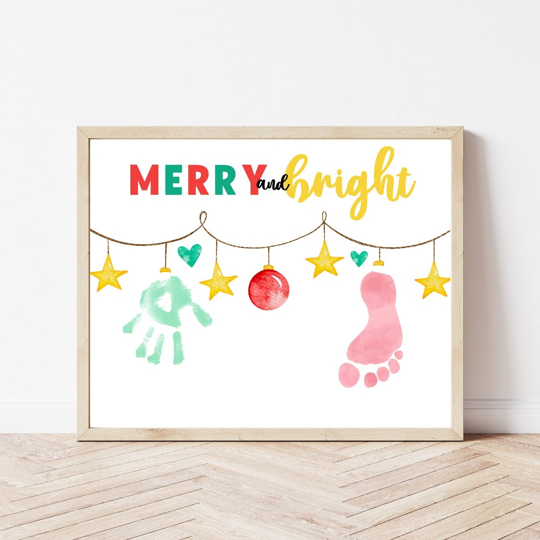 Merry and Bright Christmas Handprint Art Christmas Footprint - Etsy