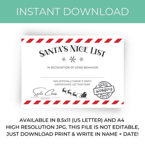 Nice List Certificate, Santa's Nice List Certificate, Santas Good List ...