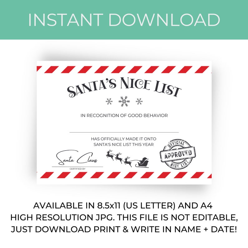 Nice List Certificate, Santa's Nice List Certificate, Santas Good List ...