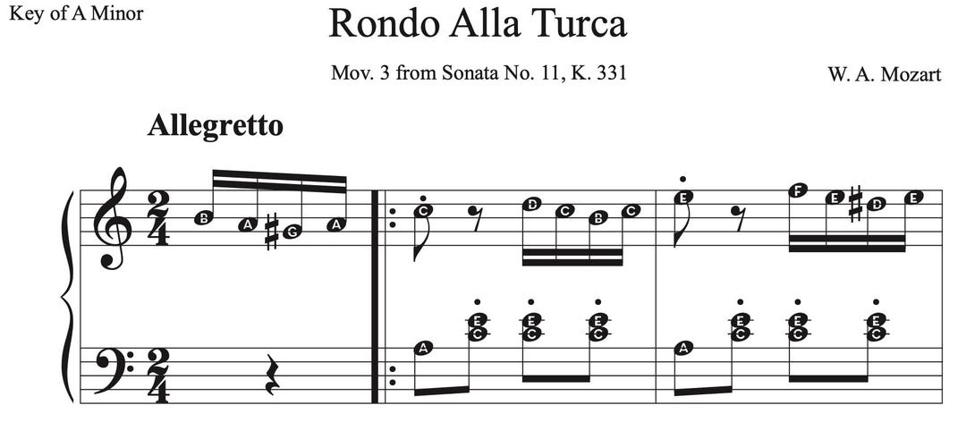 Easy-to-read Rondo Alla Turca by W.A. Mozart With Note Names - Etsy