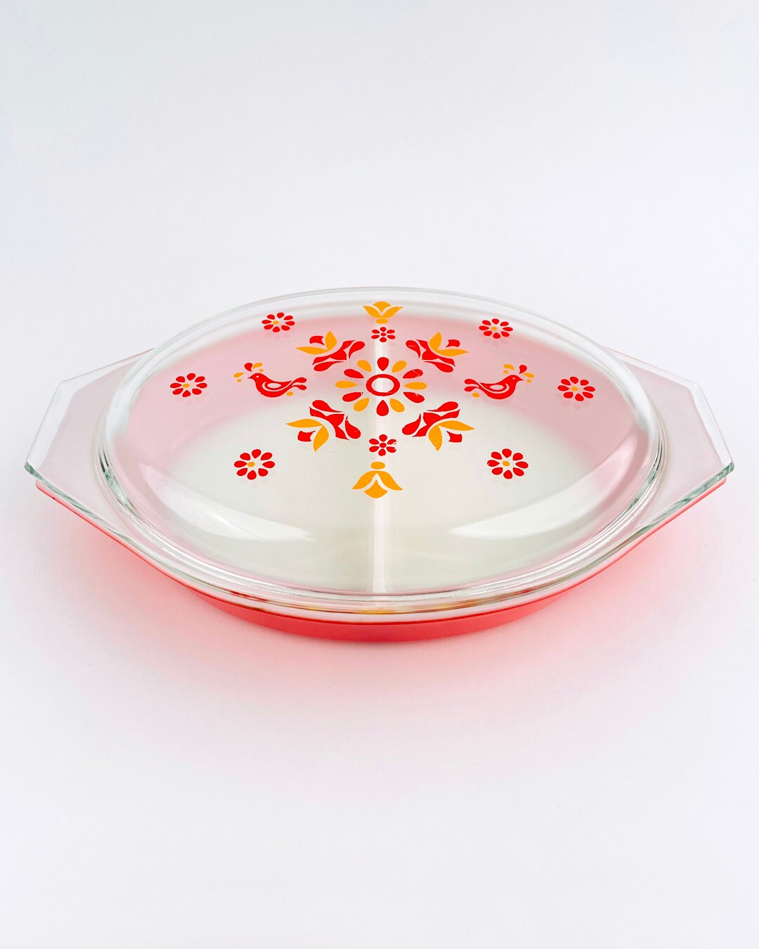 Pyrex Friendship Pattern Divided Casserole Dish, Red With Clear Lid and ...