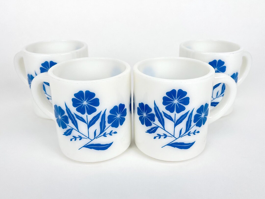 Vintage Hazel Atlas Blue Cornflower Milk Glass Mugs, Set of 4. - Etsy