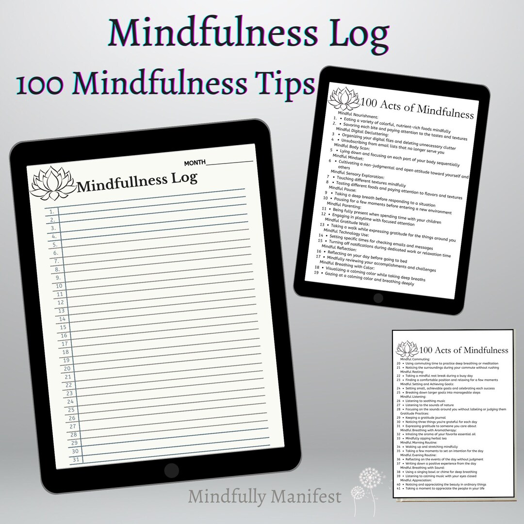 Mindfulness Log, 100 Mindfulness Ideas, Bonus 10 Mindfulness Exercises ...