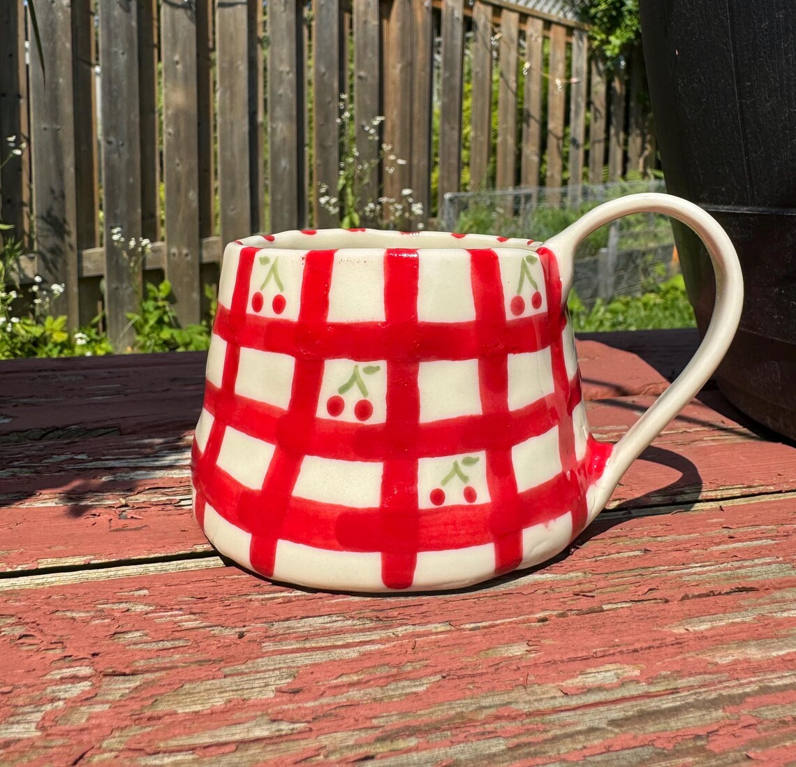 Handmade Red Gingham Cherry Mug: Painted Porcelain Coffee Cup - Etsy