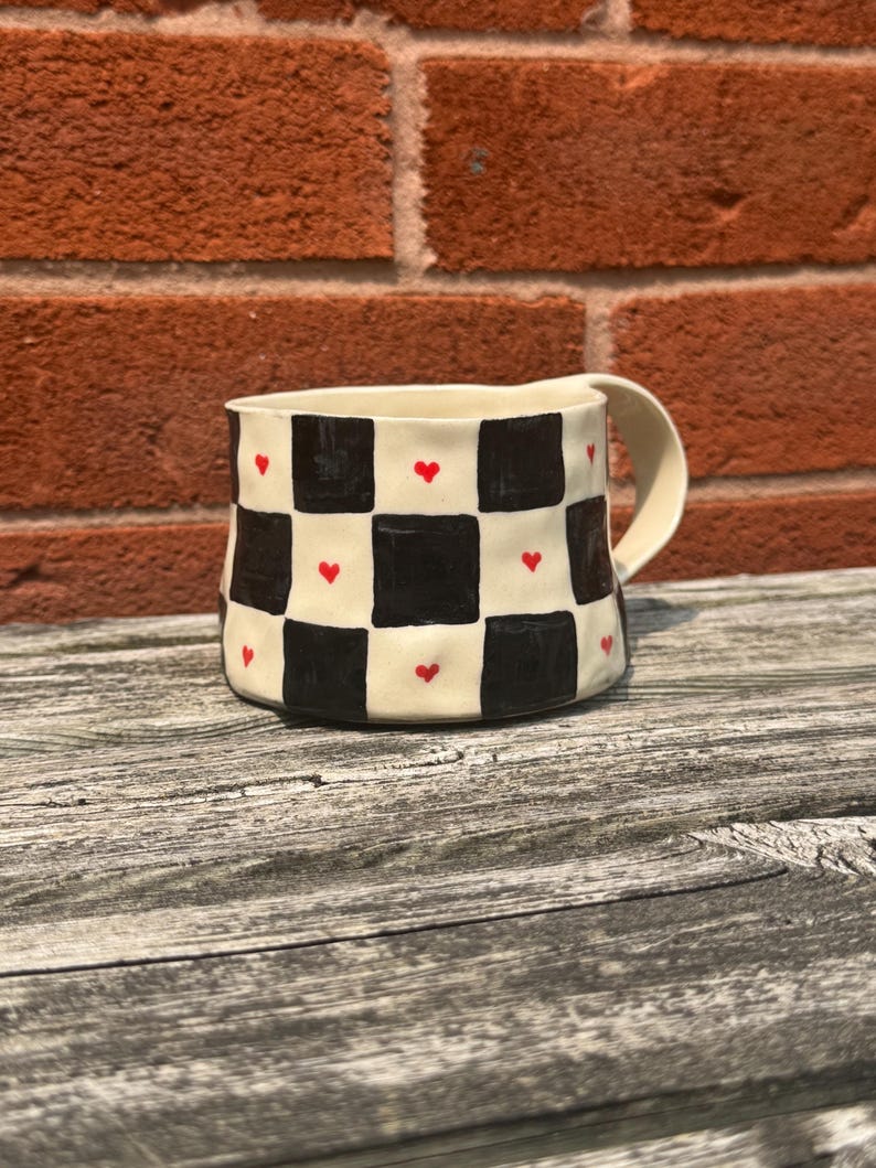 Whimsical Black & White Checkered Mug — Handmade Ceramic Hand Painted ...